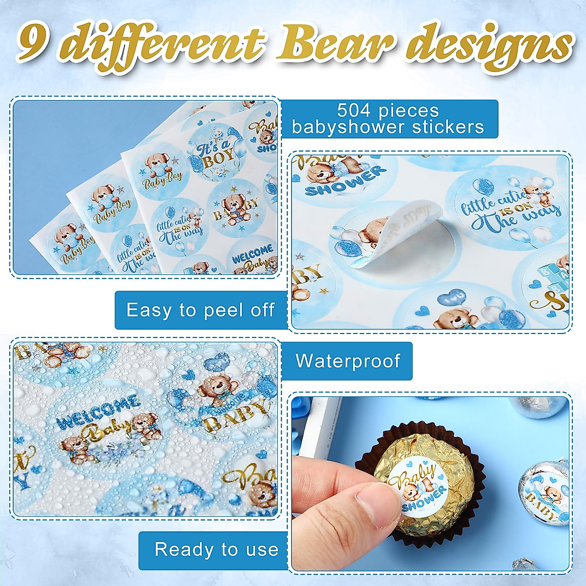 Clabby 504 Pieces Boy Girl Baby Shower Favors Stickers Mini Kisses Candy Stickers Chocolate Drop Labels Wrappers Little Cutie Baby Shower Decoration for Sprinkle Birthday Party(Blue Bear)
