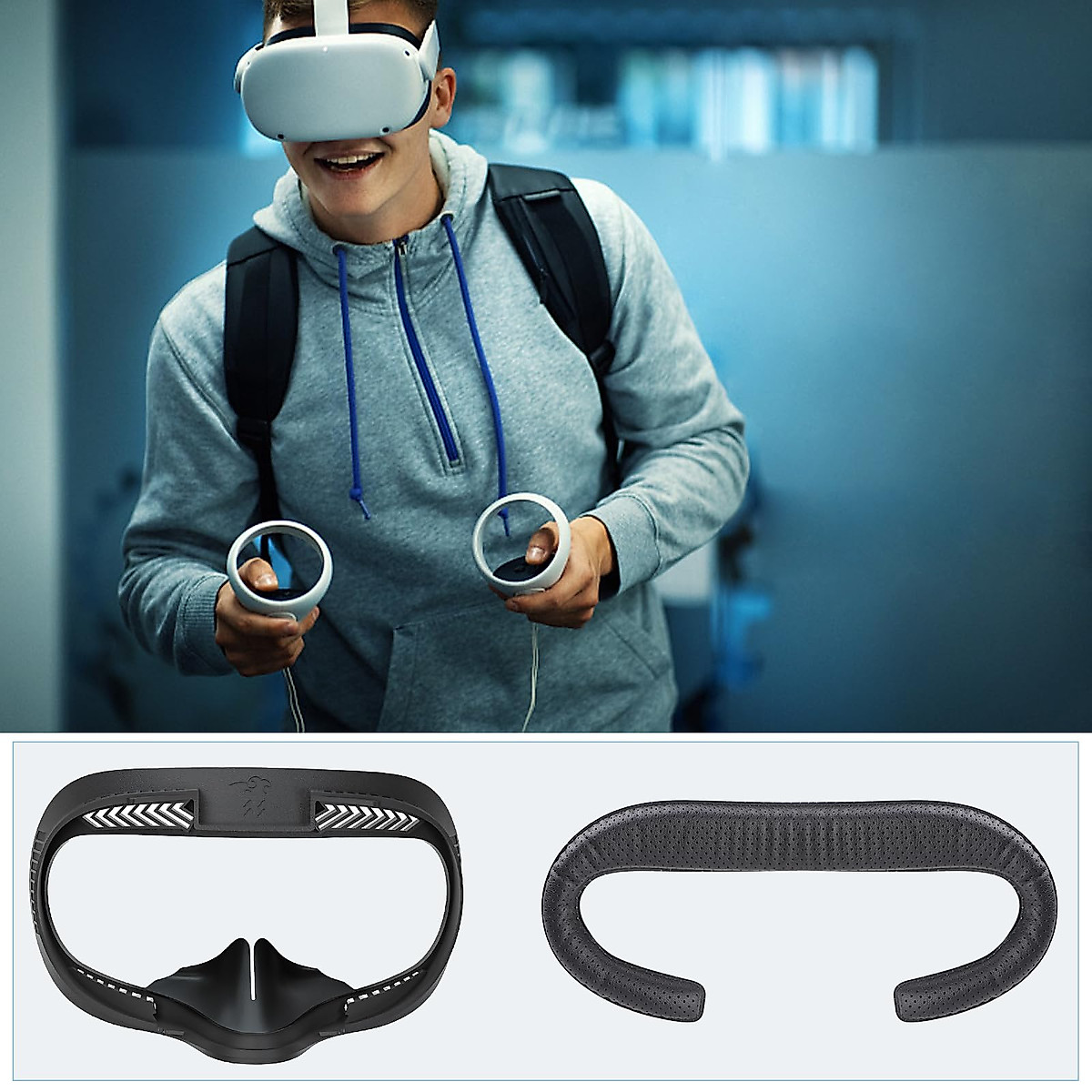 VR Facial Interface & Face Pad for Oculus Quest 2, VR Face Cover Cushion Replacement Compatible with Quest 2,Breathable Holes Leather Protective VR Accessories