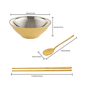 Tikitsen gold stainless steel Lamian Noodles bowl set 2, 7-inch stainless steel double-layer soup bowl, with 2 pairs of chopsticks and 2 pairs of spoons, gold large Lamian Noodles soup bowl