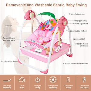 Baby Swing for Infants, Portable Baby Swing with 6 Motions, Toddler Swing with Music, Sounds, Timing, Baby Rocker with 2 Toys, Plsuh Seat & Soft Head Support, Machine Washable Fabric (Pink)