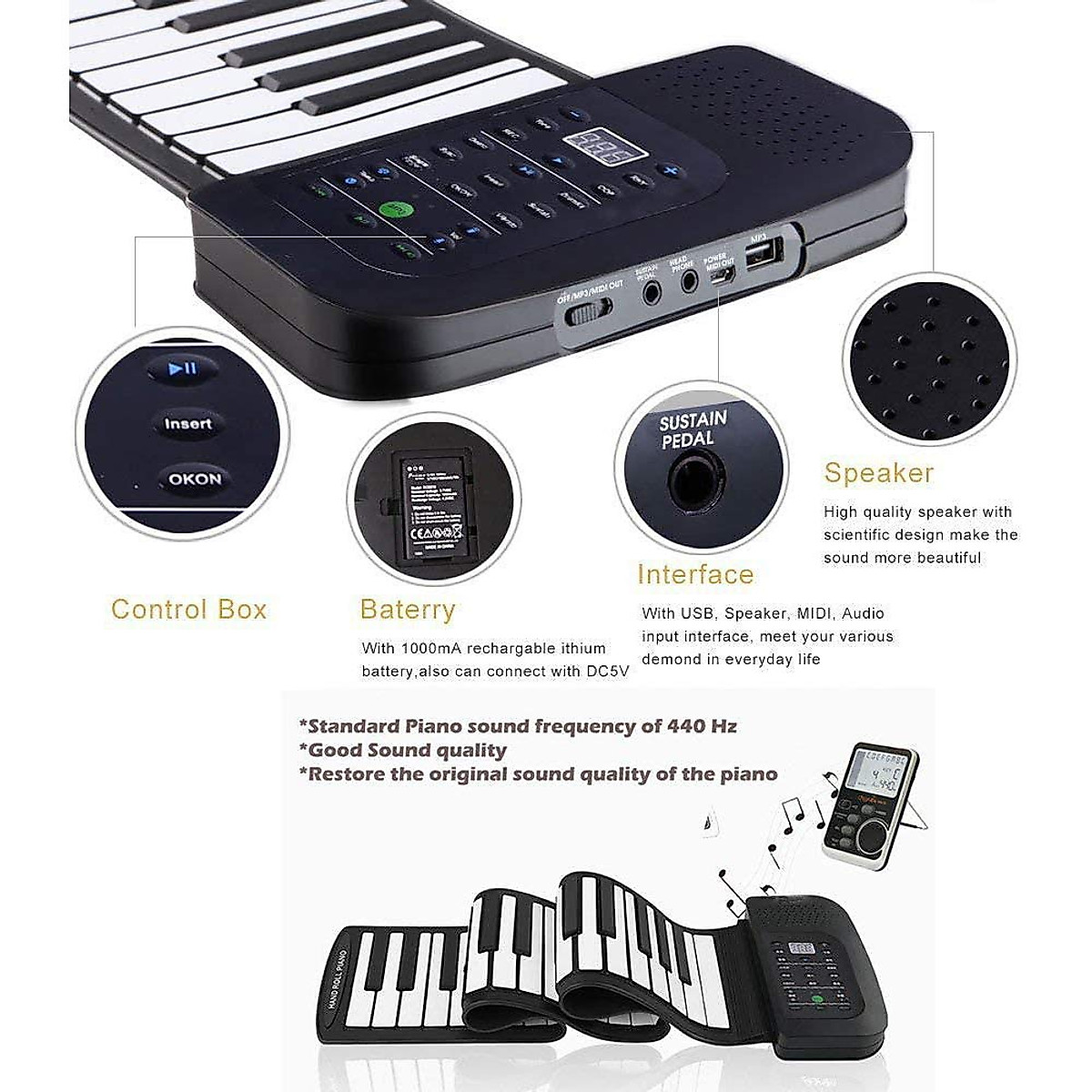 Aidashine Portable 88 Keys Roll Up Piano Keyboard Piano, Silicone Flexible Foldable Keyboard Hand-Rolling Piano with Sustain Pedal
