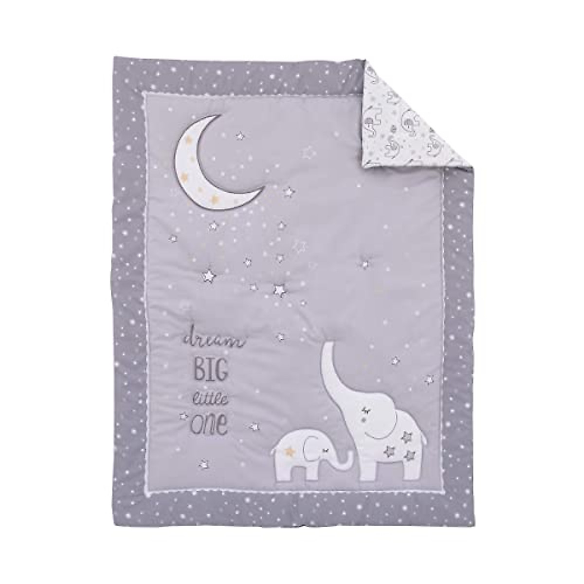 Little Love by NoJo Dream Big Little Elephant Grey, White and Gold 3 Piece Mini Crib Bedding Set - Comforter with Two Fitted Mini Crib Sheets