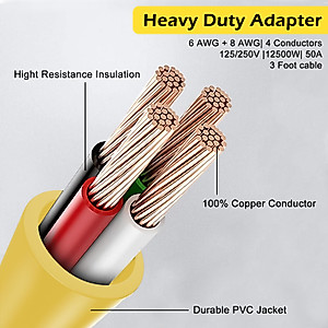 50 Amp Y Splitter Adapter, NEMA 14-50P to 2 Outlet 14-50R Y Splitter for RV and EV, 3 Feet 120V/240V 4 Prong 6AWG/3C + 8AWG/1C for Male Plug Female Receptacle Outdoor Power Cord