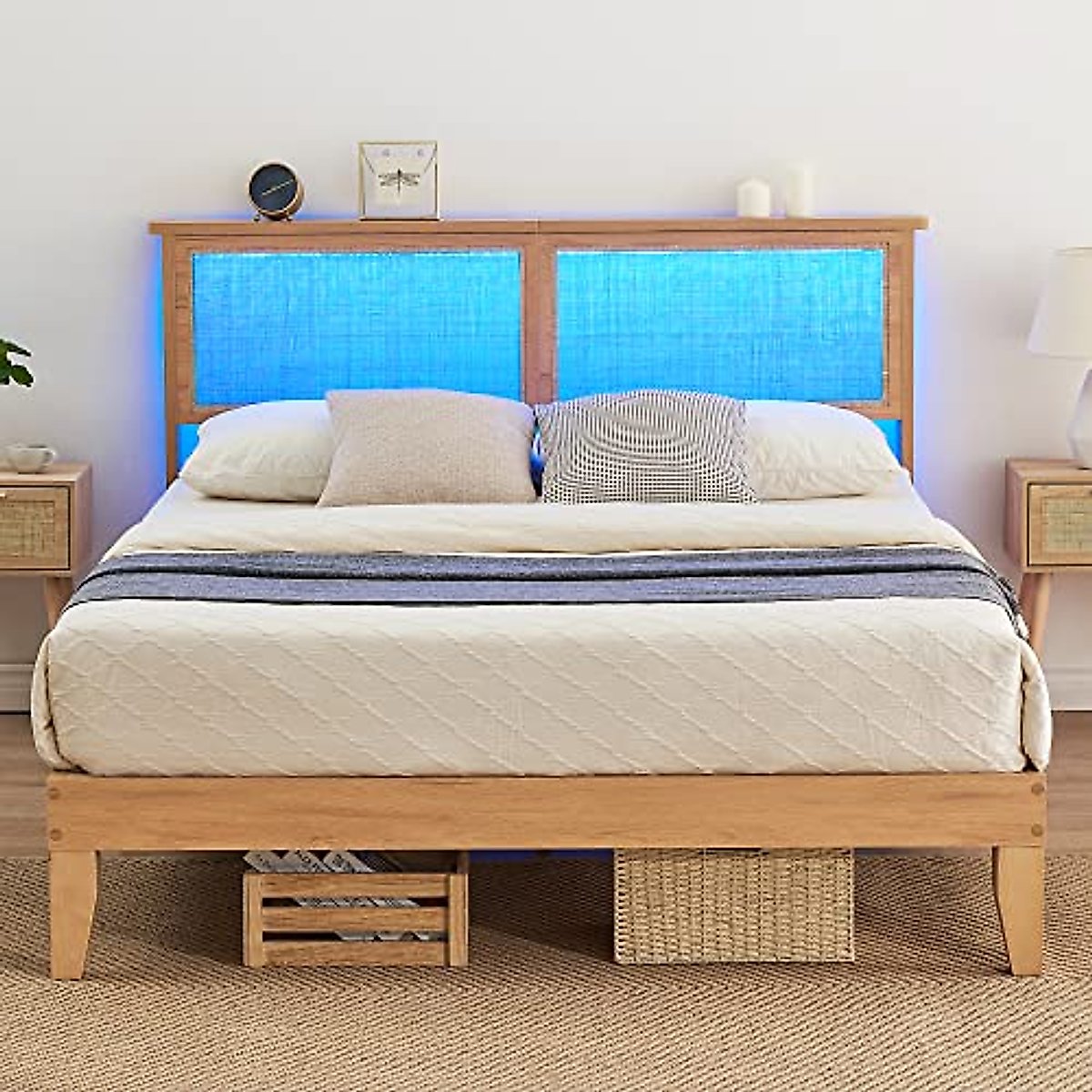 IDEALHOUSE Full Bed Frame with Natural Rattan Headboard, Platform Bed Frame Full Size with Storage Headboard, Mattress Foundation, Noise-Free, No Box Spring Needed