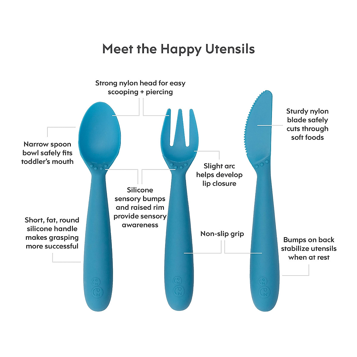 ezpz Happy Utensils - 100% BPA Free Fork, Spoon & Knife for Toddlers + Preschoolers + Self-Feeding - Designed by a Pediatric Feeding Specialist - 24 Months+ (Blue)