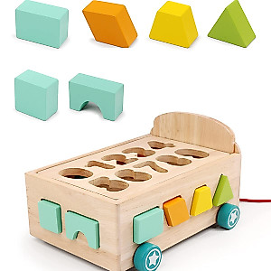 Classic Wooden Toddler Toy Age 2-4 Pulling Bus 123 Number Learning Shape Puzzle Sorting Match Game Montessori Sensory Material for Kids