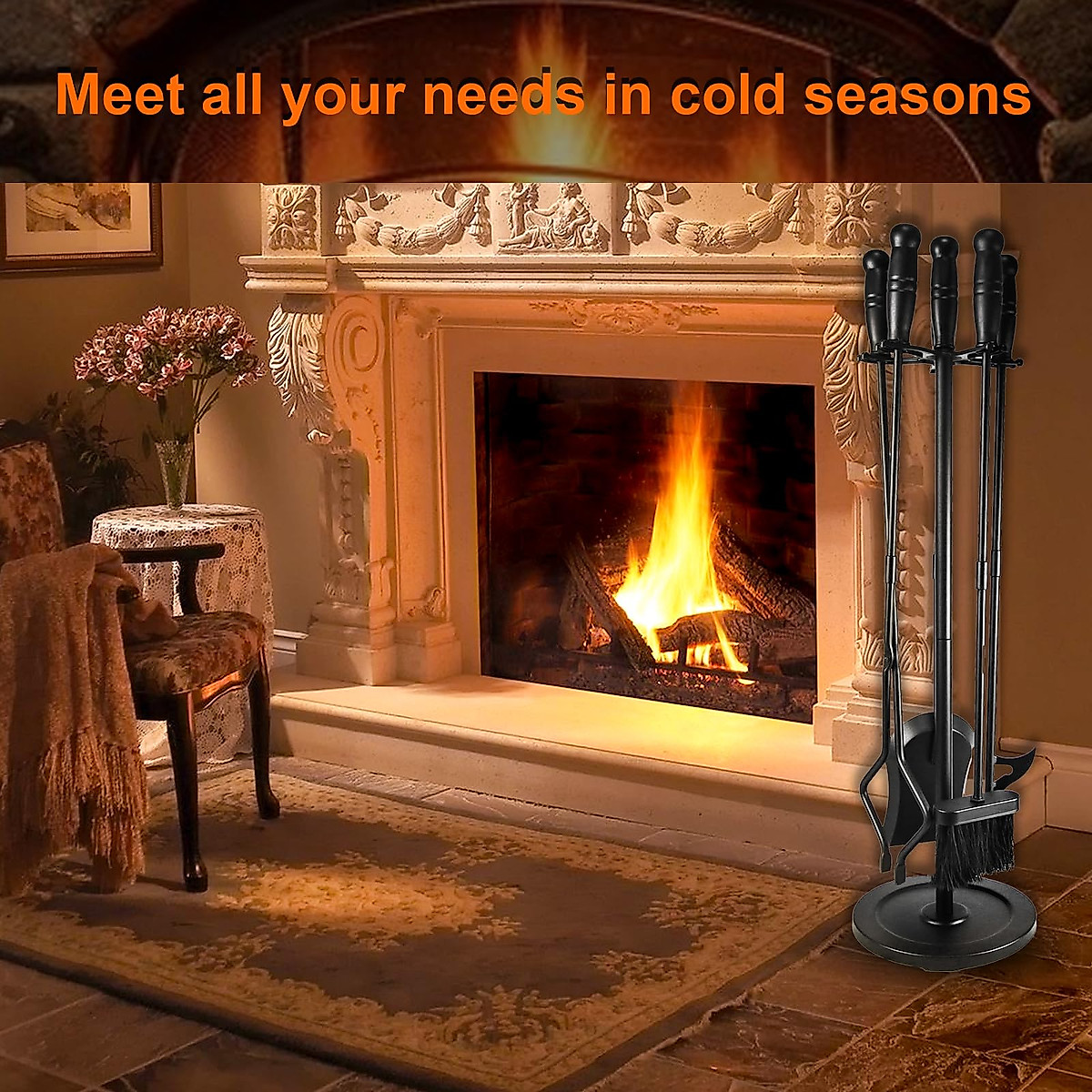 VODA Fireplace Tools Set 5 Pcs 31In Cast Iron Fireplace Tools Indoor Fireside Accessories Large Fire Place Tool Set Outdoor Holder Fire Kit with Poker Shovel Tongs Brush, Stand