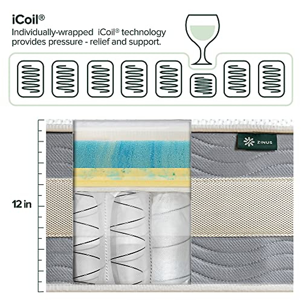 ZINUS 12 Inch Green Tea Cooling Gel Memory Foam Hybrid Mattress / Pocket Innersprings for Motion Isolation / Edge Support, Full White