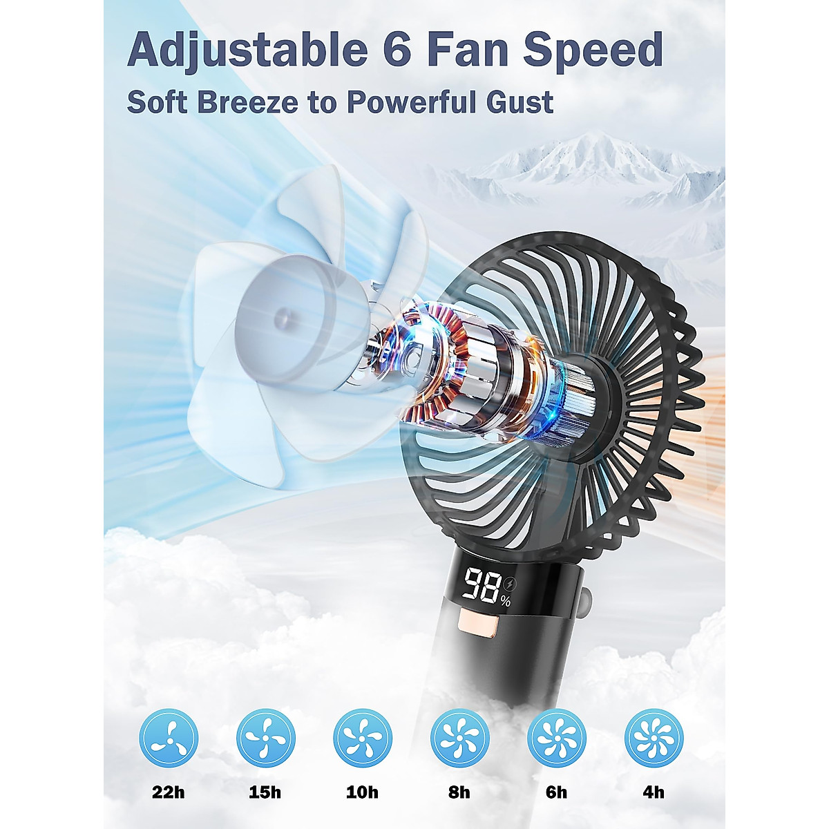 JMOSTRG Handheld Fan - Portable Fan 5200mAh, Metal Handle Mini Hand Held Fan Foldable, USB Rechargeable Personal Fan Power Bank, 6 Speeds Quiet Handheld Fan with LED Display, Cooling Fan for Travel