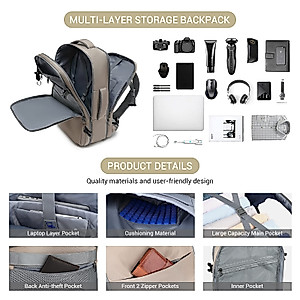 MOLNIA 50L Expandable Travel Backpack for Women Men, Carry On Travel Essentials, Flight Approved Fits 21 Inch Laptop Backpack, Waterproof Business Suitcase Weekender Backpack, Beige