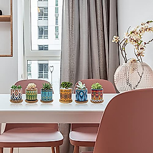 Warmplus Succulent Pots, 3 inch Mandala Planter Pot with Drainage and Bamboo Tray, Small Pots for All House Plants, Succulents, Flowers, Cactus, Pack of 6 - Plants Not Included