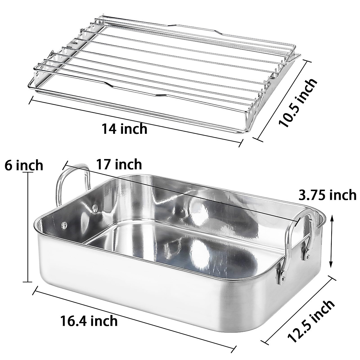 TOPZEA Stainless Steel Roasting Pan with Rack, 16 Inch Classic Rectangular Turkey Roaster Pan with 2 In 1 Grill Rack & Handle, Large Broiling Baking Pan Oven Cookware for Chicken, Steak, Meat, Lasagna