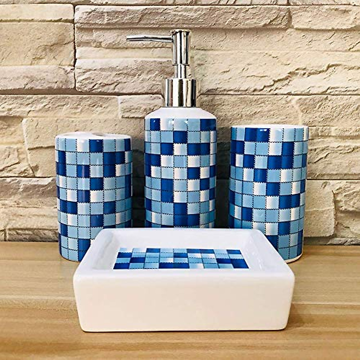 AUANIYAN Ceramic Bathroom Accessories Set, 4 Pieces Modern Design Bath Set Soap Dispenser,Toothbrush Holder, Tumbler,Soap Dish（Blue Mosaic）