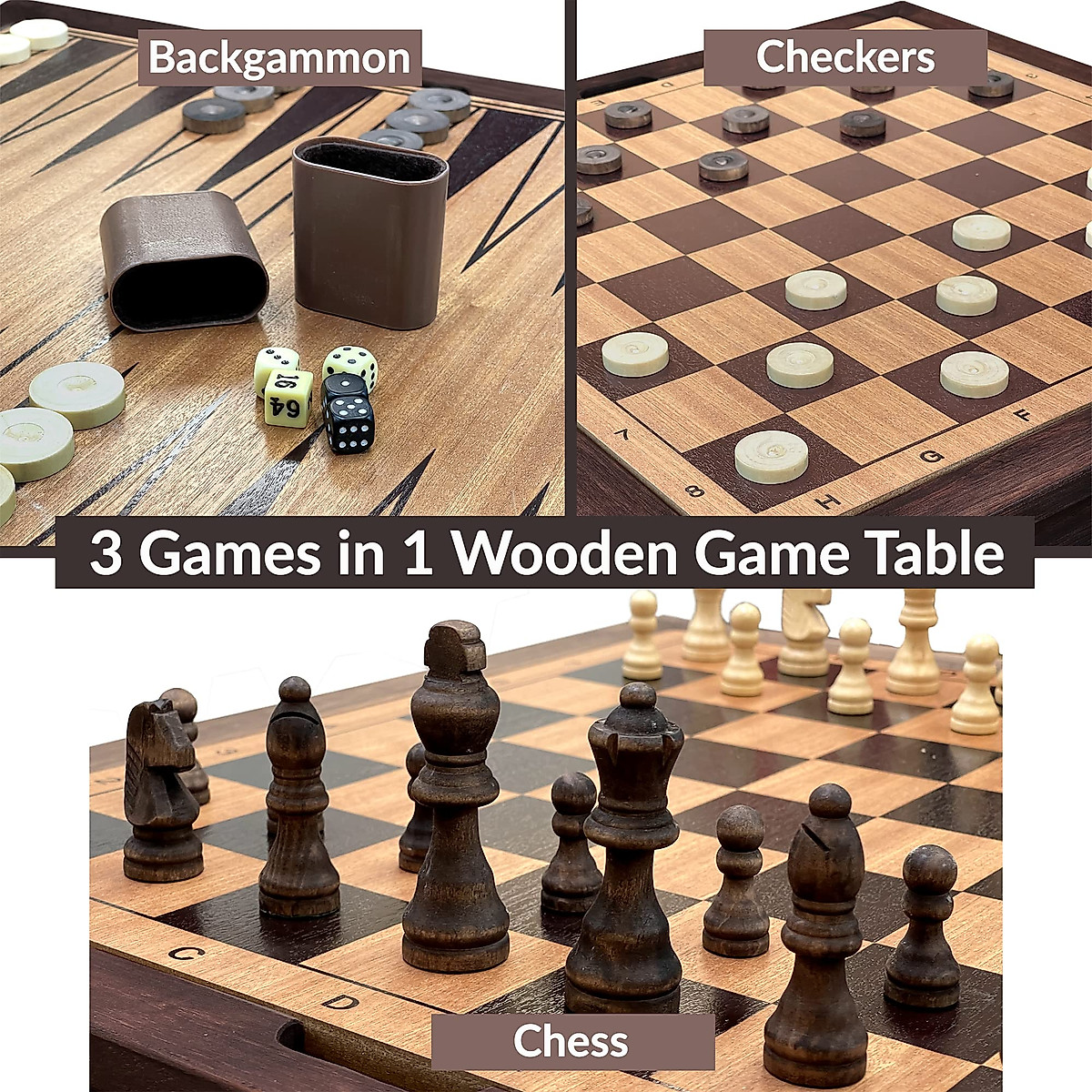 Sterling Games Wooden Chess Table | Chess, Checkers and Backgammon 3 in 1 Combo Game Table Furniture Set, 25" x 25", 4" King