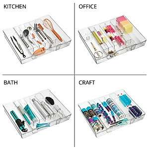 mDesign Dual Expandable Plastic In-Drawer Utensil Organizer Tray Deep 6 Divided Sections for Kitchen Organization; Holds Cutlery, Flatware, Silverware, Cooking Utensils, Ligne Collection - Clear