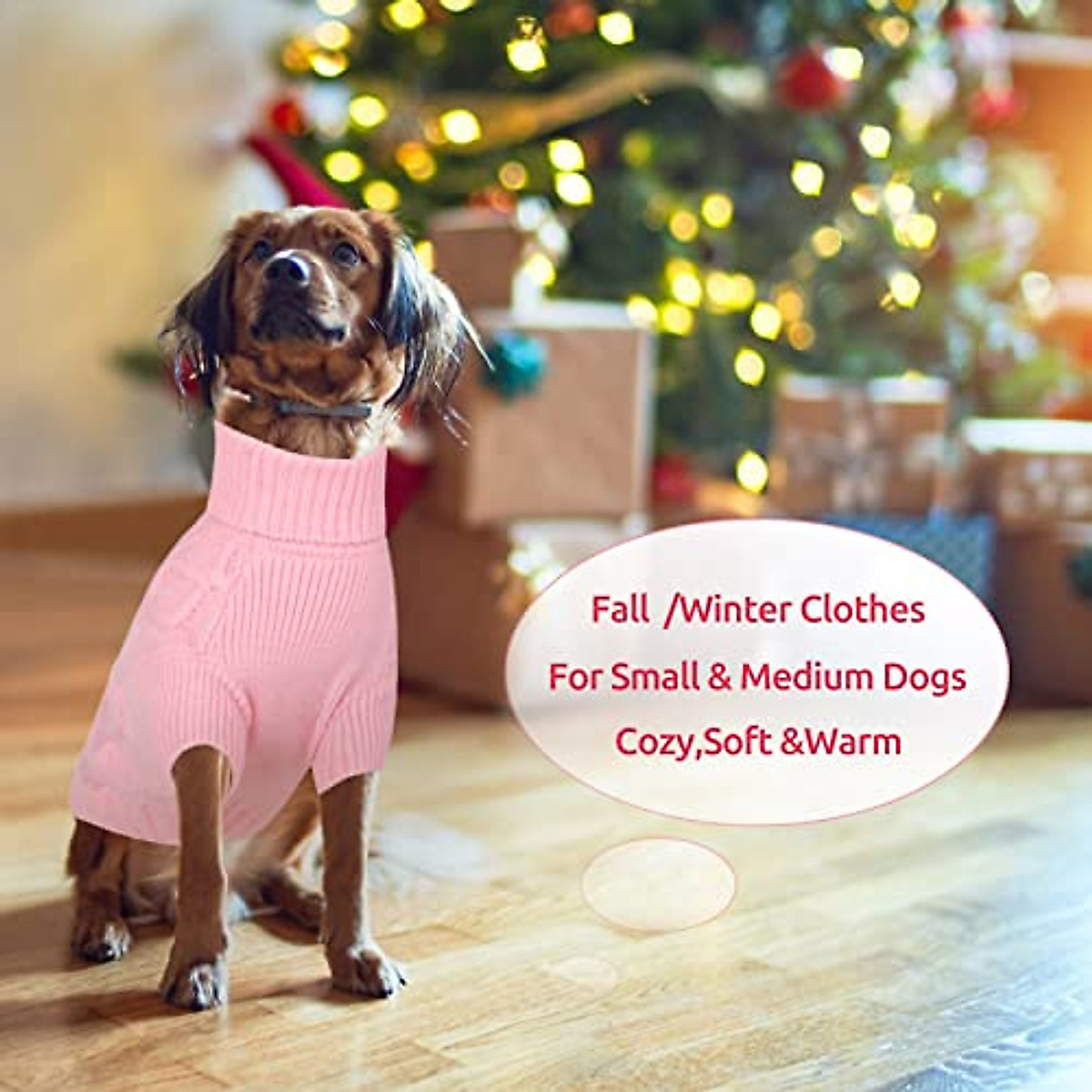 Queenmore Dog Turtleneck Sweater, Classic Cable Knit Cold Weather Thick Sweater for Small Medium Dogs (Pink, S)