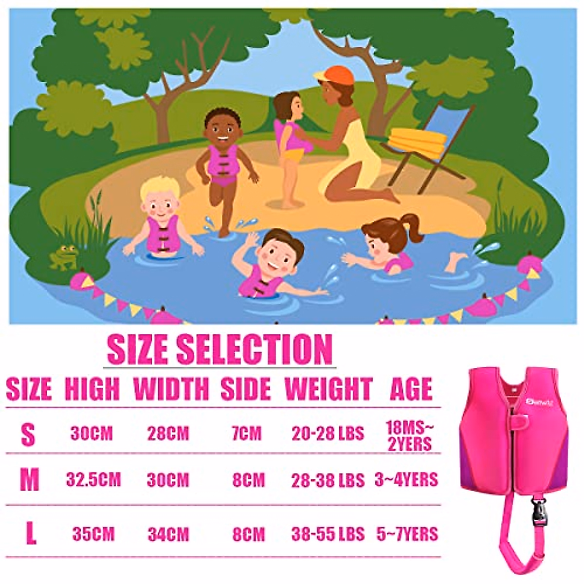 Baby Girl Swim Vest - Genwiss Toddler Swim Vest for Age 18 Months - 2 Years Baby Toddler Fit 20-28 lbs, Size Small, Pink