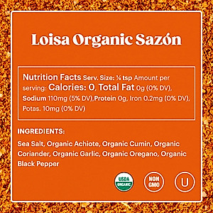 Loisa Sazón Seasoning, USDA Organic, Non-GMO, No-MSG, No Preservatives, No Artificial Coloring, No Artificial Flavors, 2.3oz, Pack of 1 (Sazon)