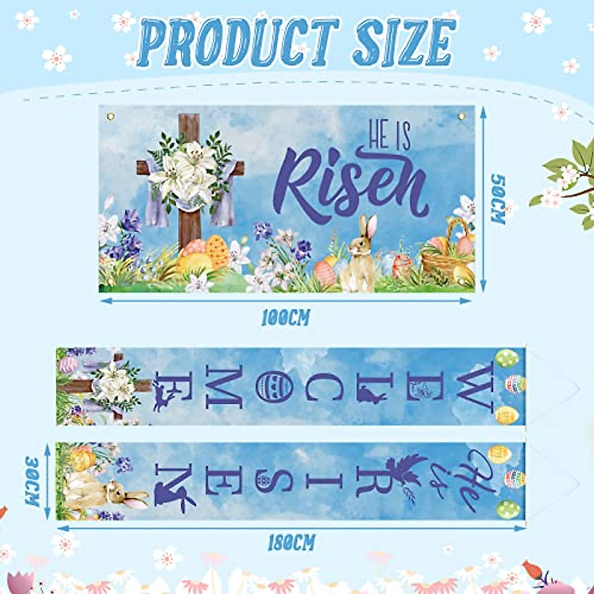 Easter He Is Risen Porch Banner 3 Pieces Welcome Religious Holiday Front Door Sign Christian Cross Resurrection Fence Banner Hanging Outdoor Banner for Home Birthday Garden Wall Party Decoration