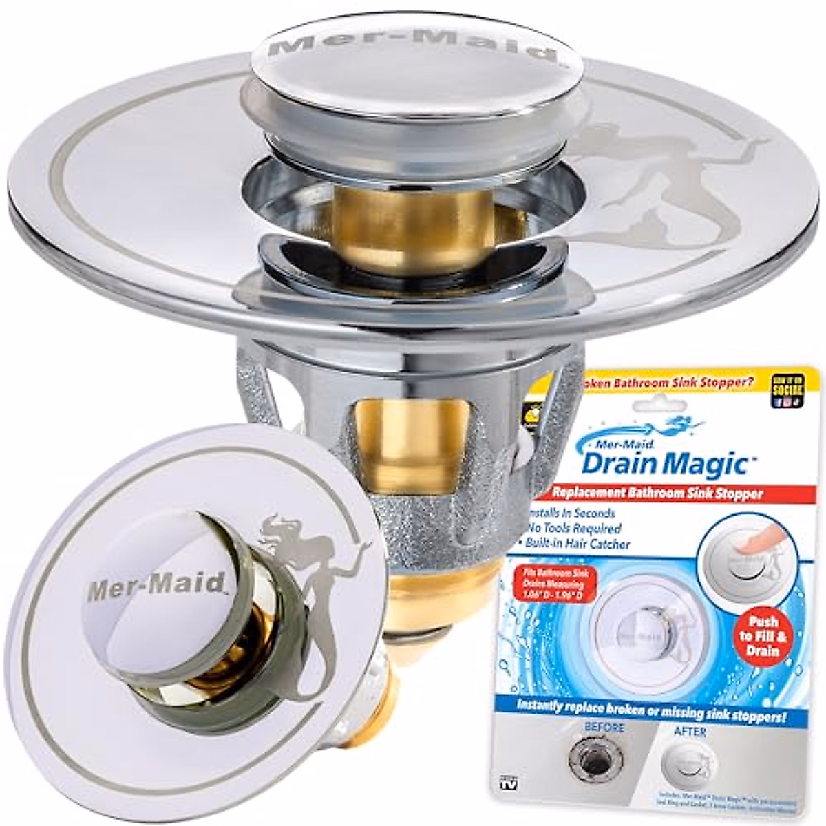 Mer-Maid Drain Magic AS-SEEN-ON-TV Replace Broken or Missing Bathroom Drain Stoppers in Seconds, No Tools, Push To Fill, Hair Catcher Prevents Clogs, Watertight Silicone Seal,Chrome Plated Solid Brass