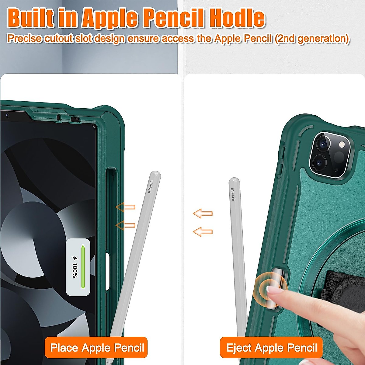 Batianda Case for iPad Pro 11-inch 2022 4th M2 Chip /2021 (3rd Generation) Heavy Duty Rugged Shockproof Tablet Cover with 360° Rotating Hand Strap Foldable Hidden Stand & Shoulder Strap, Teal