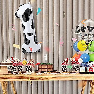 Cow Number Balloons, 40 Inch Cute Cow Print Balloons Reusable Cow Birthday Decorations Farm Themed Birthday Party Supplies for Kids (Number 1)