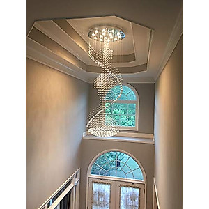 Moooni Modern Large Spiral Crystal Chandelier Lighting Luxury Rain Drop Flush Mount Ceiling Light for Foyer Staircase Entryway D 31.5" X H 98"