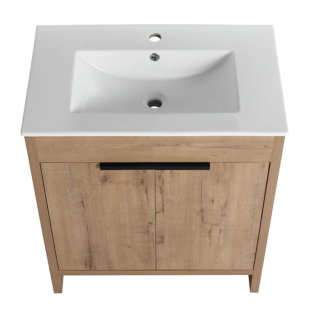 Pvillez 30 inch Bathroom Vanity with Sink Combo, 30" Pedestal Bathroom Vanity Cabinet with Ceramic Basin Sink Top & Soft Close Door, Freestanding Modern Bathroom Vanity for Small Space, Imitative Oak