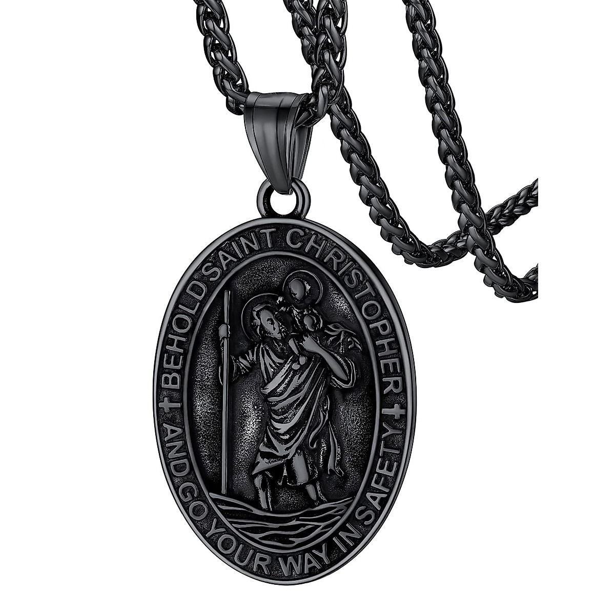 FaithHeart Black St. Christopher Necklace for Men Christian Amulet Jewelry with Stainless Steel Wheat Chain Oval Medal Pendant for Prayer