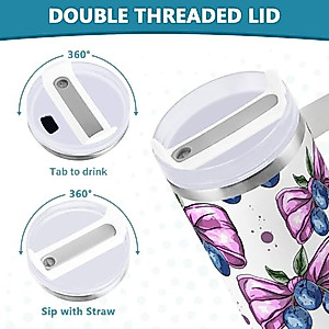 DIGTIA Stainless Steel Insulated Tumbler w/Handle & Straw, Bowknot Double Wall Vacuum Travel Coffee Mug Cup w/Lid, Leak-Proof Sports Blueberry Water Bottle,40oz