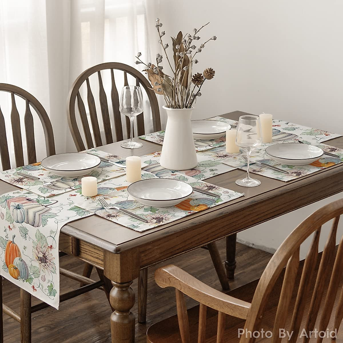 Artoid Mode Pumpkins Leaves Floral Fall Placemats Set of 4, 12x18 Inch Seasonal Autumn Thanksgiving Table Mats for Party Kitchen Dining Decoration