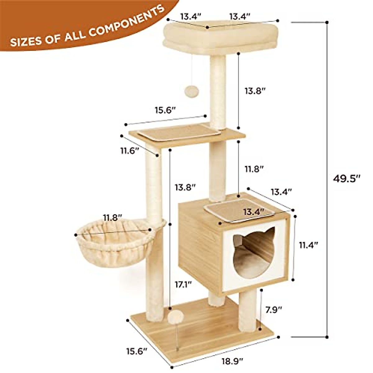 Lesure Modern Cat Tree for Large Cats - Tall Cat Climbing Tower for Indoor Cats with Wood Cat Condo, Hammock and Scratching Post, 50 Inches, Beige