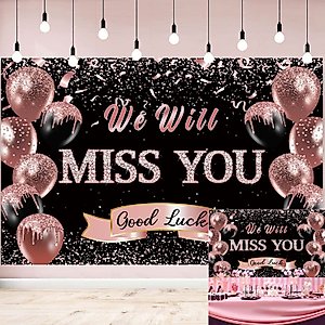 Retirement Farewell Party Backdrop We Will Miss You Rose Gold Glitter Balloon Photography Background Goodbye Going Away Retirement Bye Office Work Graduation Party Decoration 7x5FT