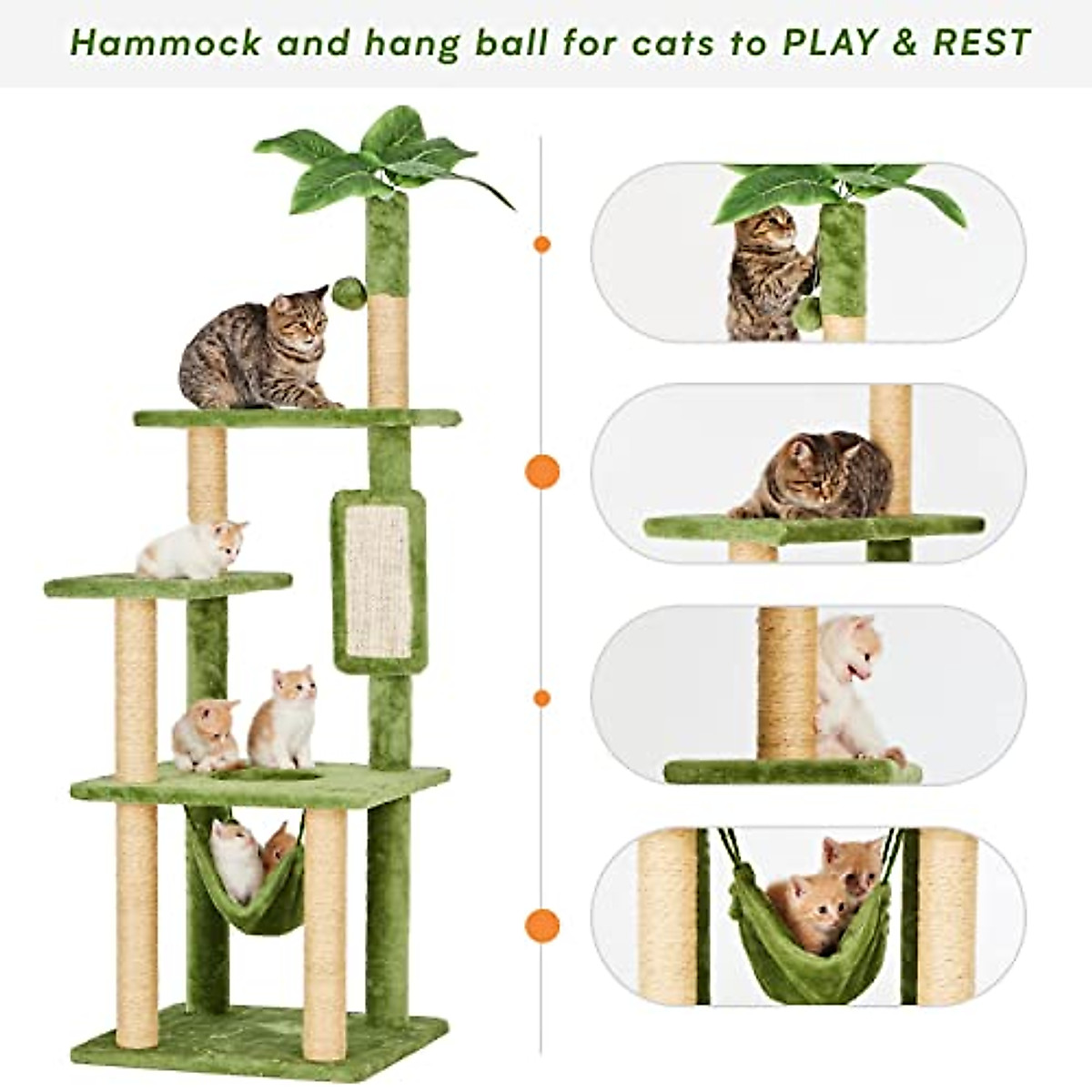 TSCOMON 55" Cat Tree for Indoor Cats with Green Leaves, Multi-Level Large Cat Tower for Indoor Cats with Hammock, Plush Cat House with Hang Ball Toy and Cat Sisal Scratching Posts Cat Furniture, Green