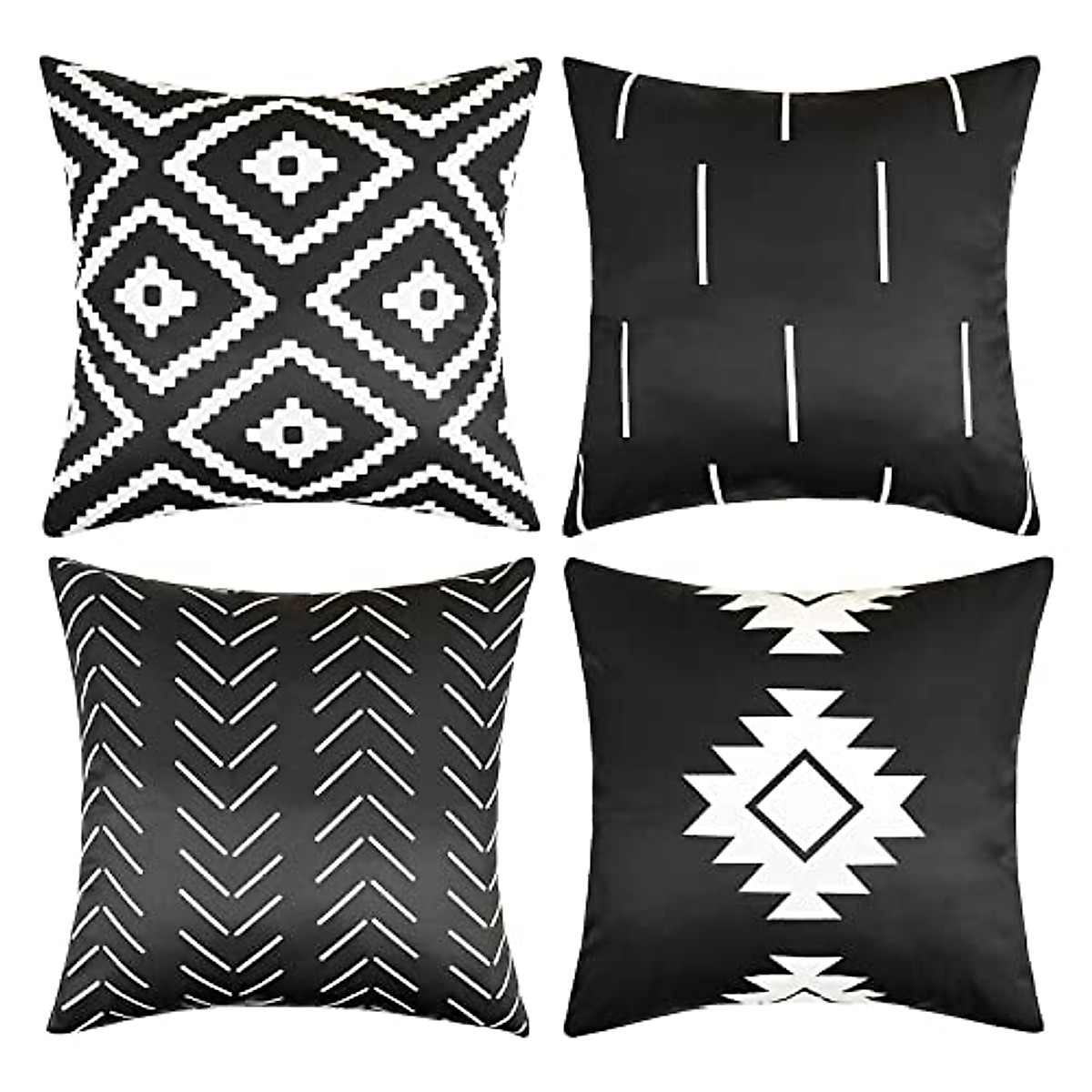 Adabana Set of 4 Outdoor Waterproof Throw Pillow Covers 18x18 Decorative Pillows Case for Patio Furniture Garden(Black-Boho)