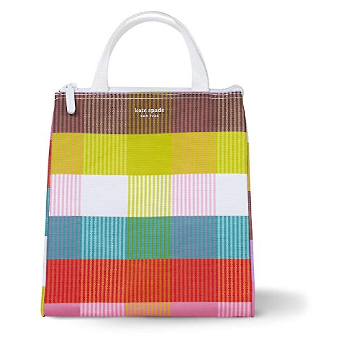 Kate Spade New York Portable Soft Cooler Lunch Bag with Silver Insulated Interior Lining and Storage Pocket, Rainbow Plaid