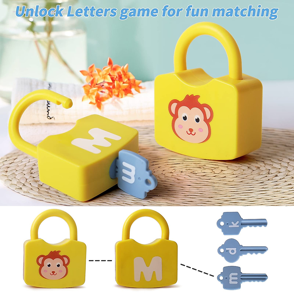 YECEN Color ABC Learning Lock Educational Letter Combination-with 26 Locks, 26 Keys Montessori Preschool Alphabet Learning Game Early Education Toys