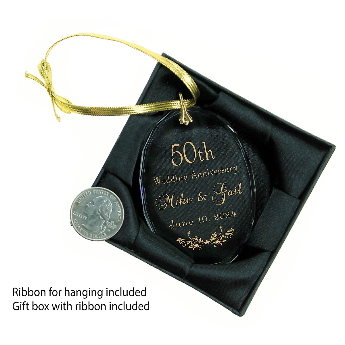 Gold 50th Golden Wedding Anniversary Personalized Keepsake Glass Oval Christmas Ornament ANY Anniversary Year Available