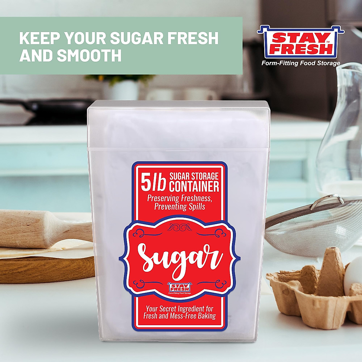 Stay Fresh Sugar Storage Container – Kitchen Discovery – Snap Close Sugar Canister Keeps Granules Fresh, Pourable and Spillproof for Optimal Sugar Storage