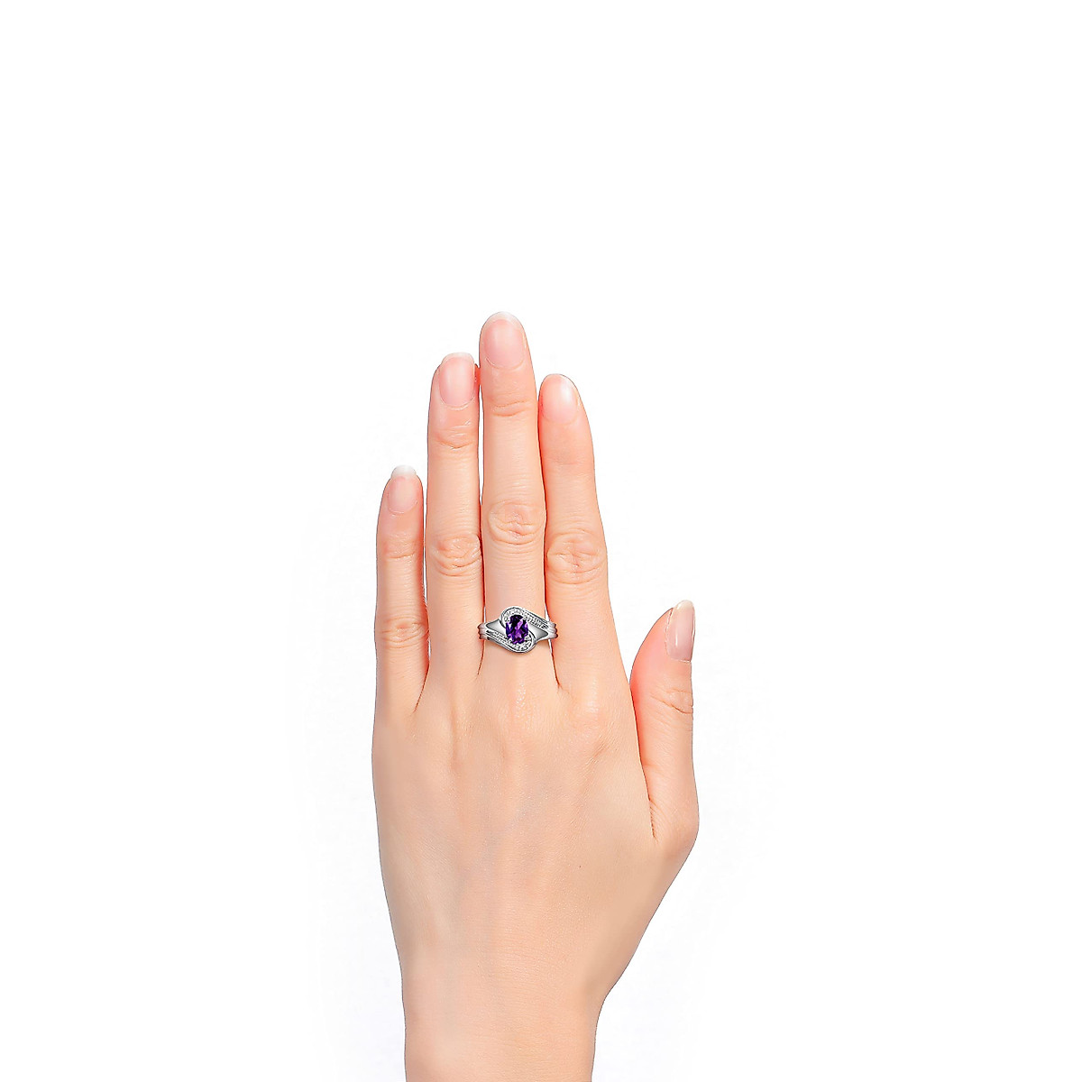 Rylos Rings for Women Silver Swirl Ring with 7X5MM Oval Gemstone & Diamond Ring February Amethyst Jewelry Size 10