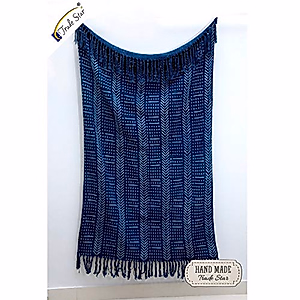 Trade Star Beautiful Indigo Mudcloth Throw Blanket Ethnic Block Print Blanket with Tassels Indian Hand Loomed Cotton Throw Blanket for Home Decor (Pattern 9)