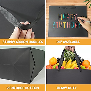 12 Pack Medium 10.6"x3.2"x8.3" Black Gift Bags with Tissue Paper, Kraft Shopping Bags with Ribbon Handles, Retail Wrapping Bags Set for All Occasions