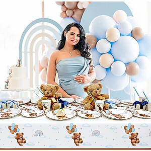 3 Pieces Teddy Bear Baby Shower Tablecloths Plastic Table Cover, Boho Brown Blue Baby Shower Birthday Party Decorations Supplies for Boys Kids Large Size 108×54 Inch Rectangular Cute Bear Table Cloth