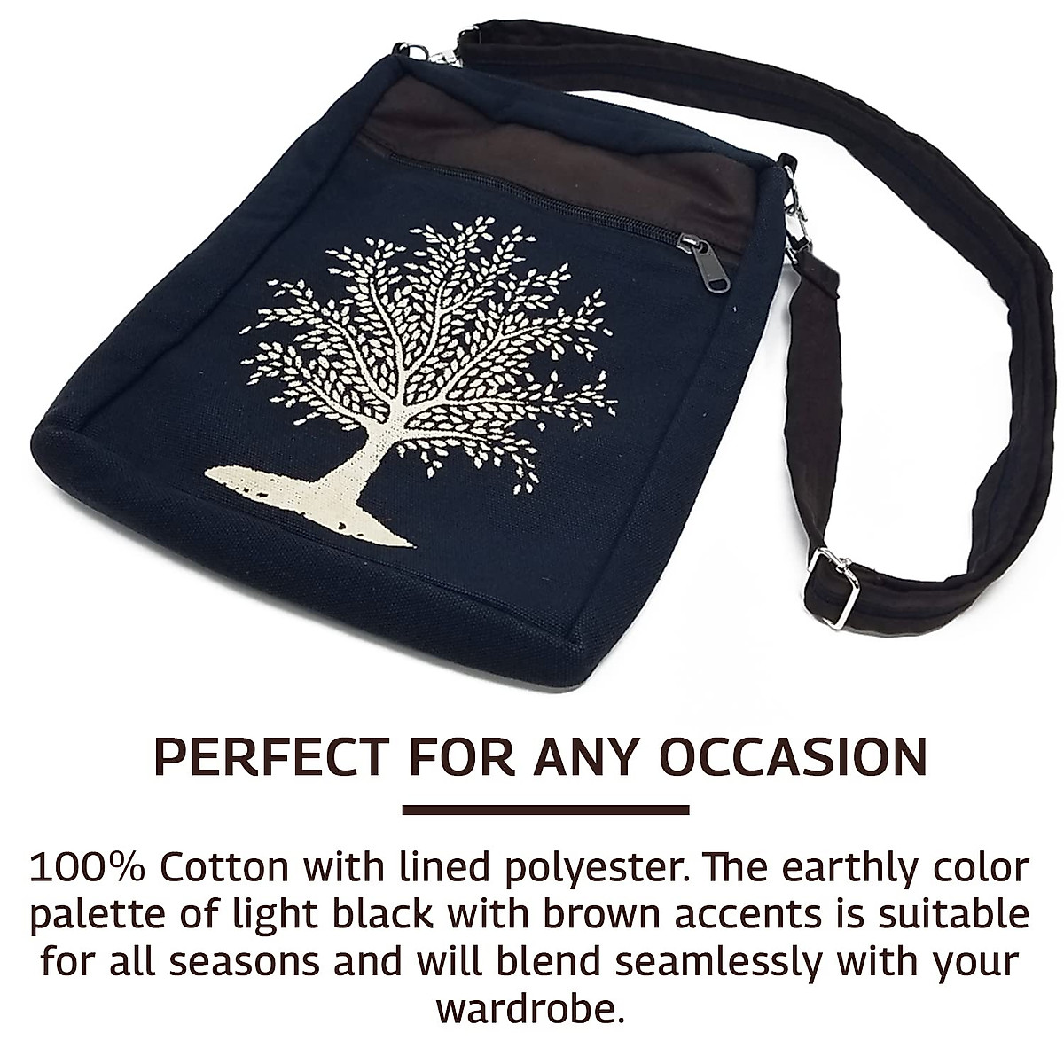 Canvas Crossbody Bag, Hippie Purse Handbag For Women, Top Zip Closure & Pockets, Adjustable and Removable Strap, 9 ½”W x 12”H