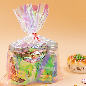 Ctoiotc Cellophane Bags,Cellophane Treat Bags, Iridescent Holographic Candy Bags, Clear Goodie Bags with 5 Colors Pieces Twist Ties for Birthday Party Favors, Easter, Weddings