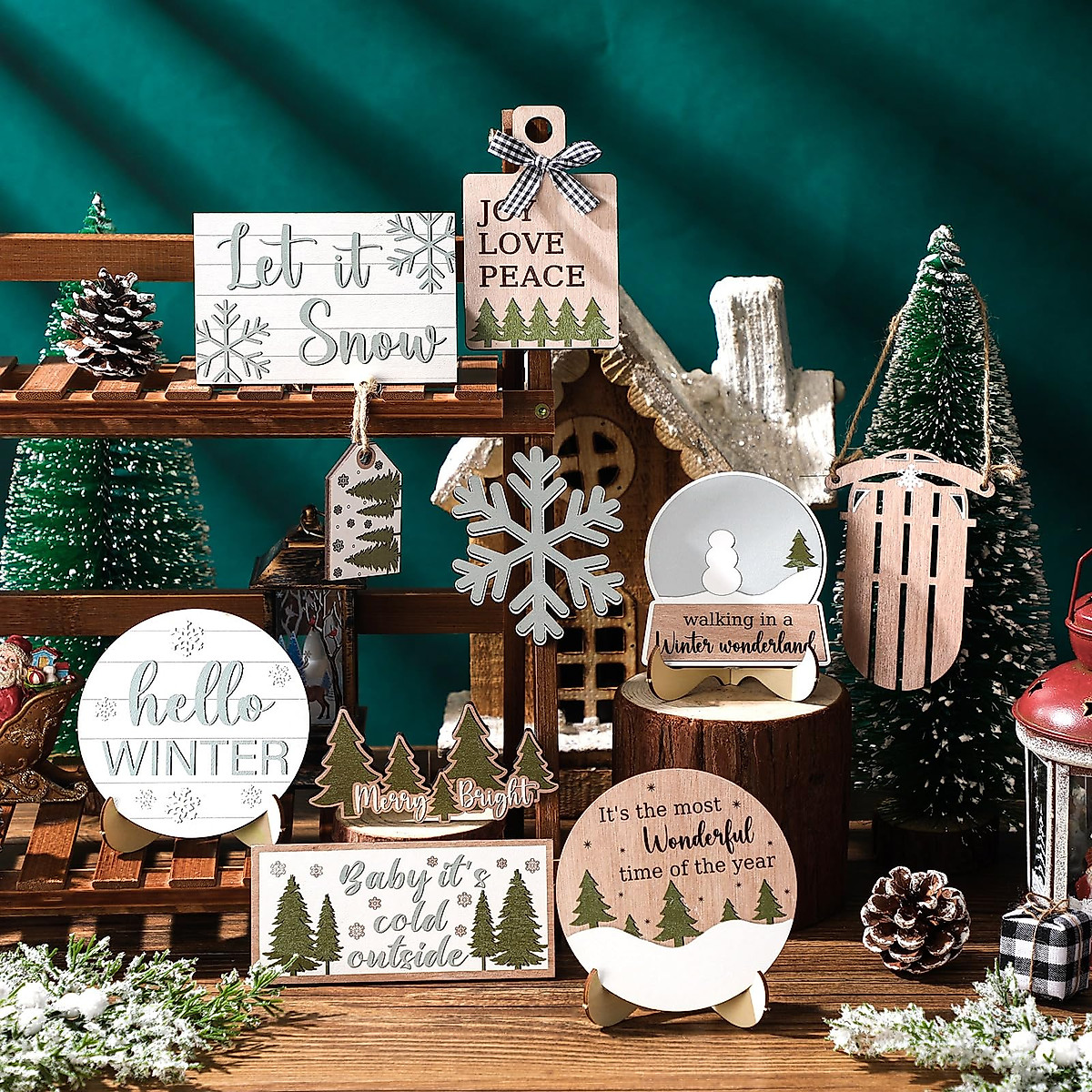 Thyle 16 Pcs Winter Tiered Tray Decor Set Wooden Winter Ornament Rustic Farmhouse Decorations for Gifting Table Home Decor
