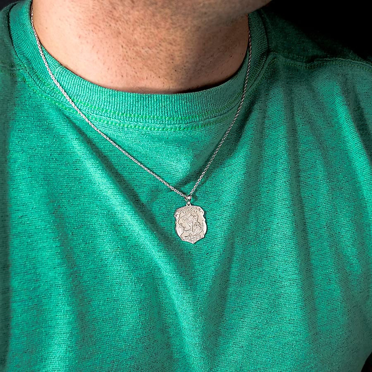 PicturesOnGold.com Saint Michael Personalized Police Badge with Department & Badge Number in Solid 14k Yellow Gold, 14k White Gold or Sterling Silver (2/3 x 3/4 Inch, 14k Yellow Gold)