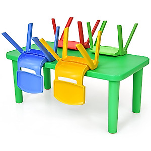 HONEY JOY Kids Table and 4 Chair Set, 48 x 24 Inch Children Rectangular Study Table w/Stackable Seats, 4 Pcs Plastic Activity Toddler Furniture Set for Playroom Daycare, Gift for Boys Girls (Colorful)