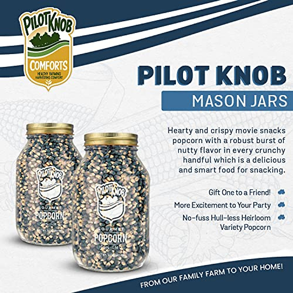 Pilot Knob Comforts Blue Bounty Gourmet Popcorn Kernels for Popcorn Machines, Microwave and Air Popper Popcorn Maker – Non-GMO, Fresh Heirloom Hull-Less Popcorn Seeds, Gift Set – 3 Jars (32 Oz Each)