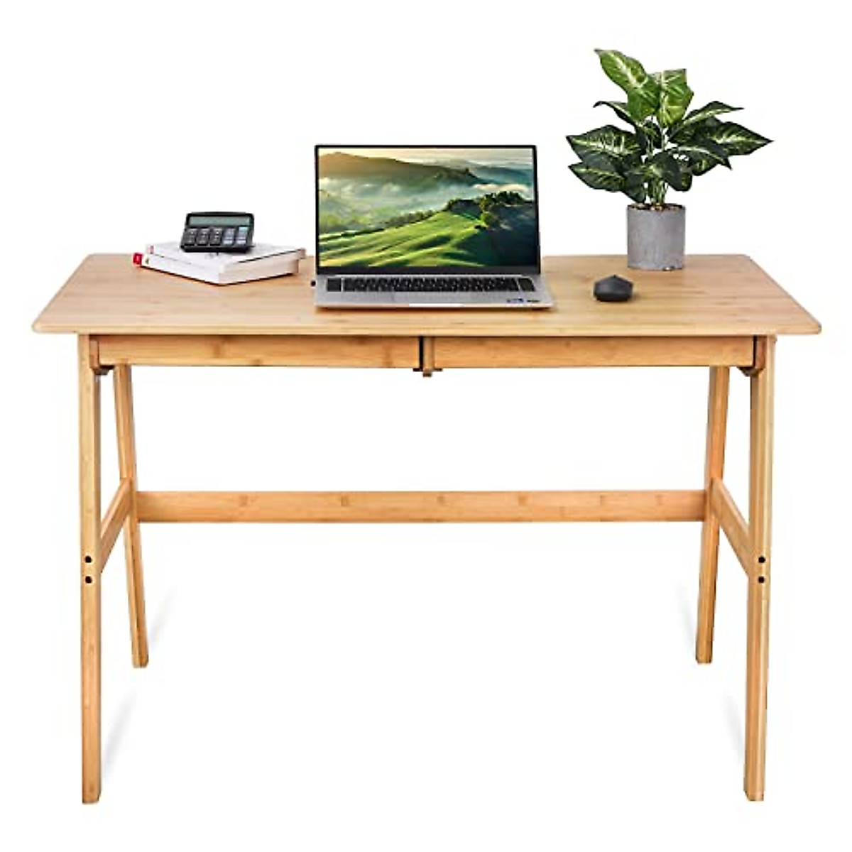 Dicunoy Computer Desk with 2 Drawers, 46" Solid Bamboo Home Office Writing Desk for Small Spaces, Compact Simple Style Tables with Gap Design and Hook for PC, Laptop, Students, Study, Makeup, Bedroom